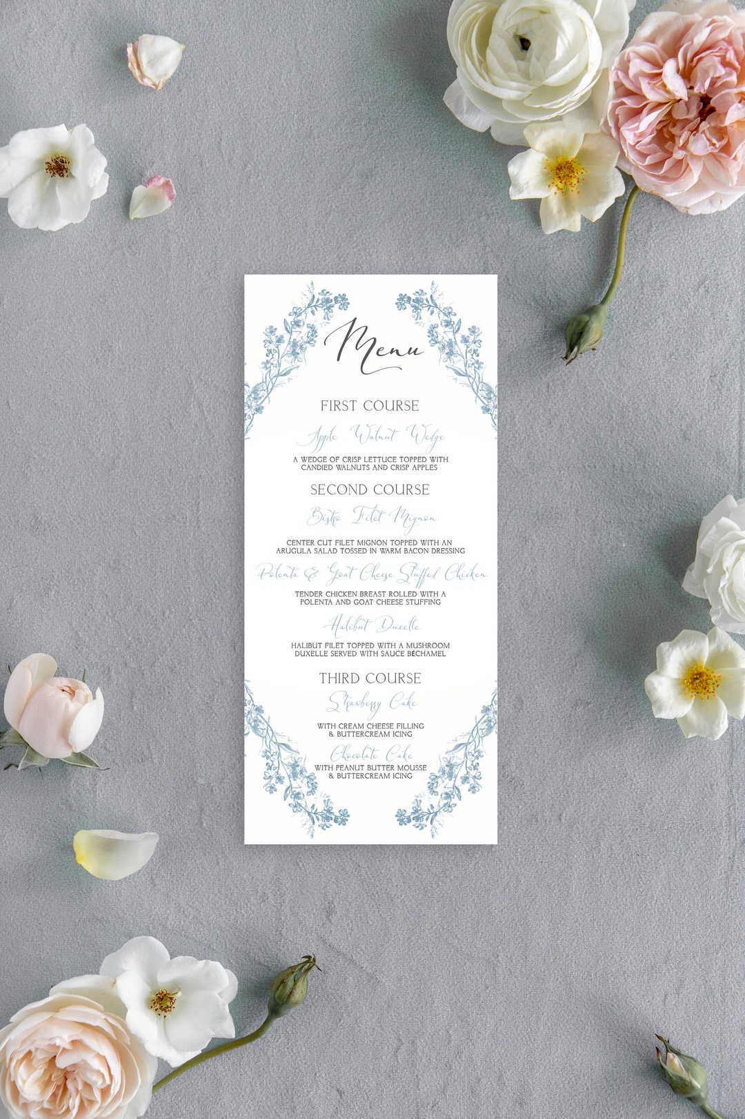 French Blue Romantic Floral Wedding Menu: Regency Menu Card - Etsy