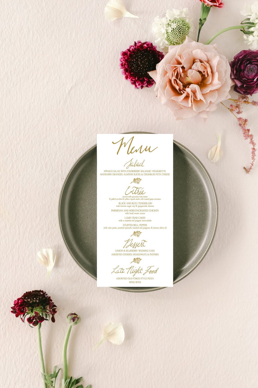 Gold Wedding Menu, Floral Menu Card, Romantic Wedding Menu, Printed ...