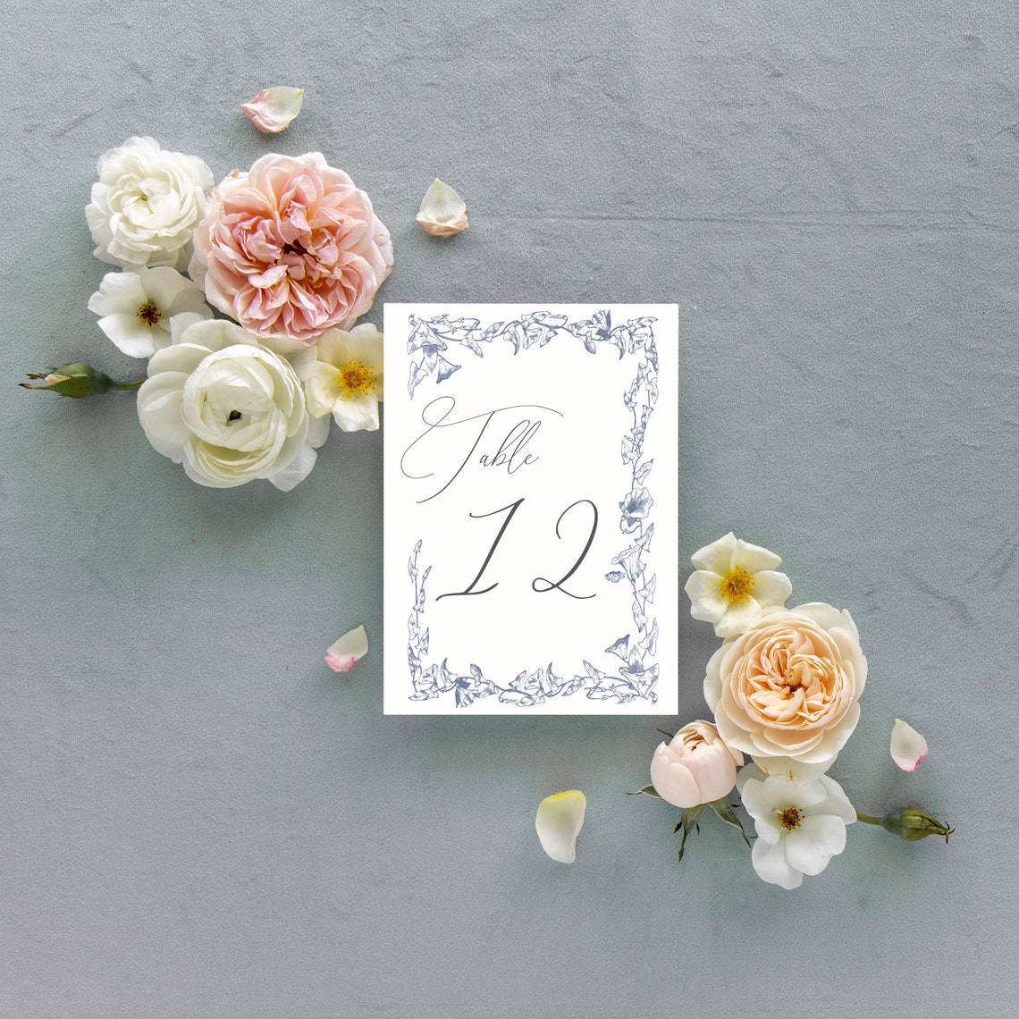 Romantic Floral Frame Wedding Table Number, Blue Table Number Card ...