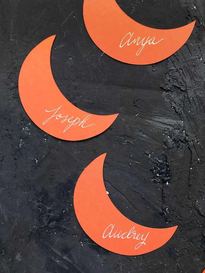 Celestial Calligraphy Crescent Moon Place Cards, Space Wedding Escort ...