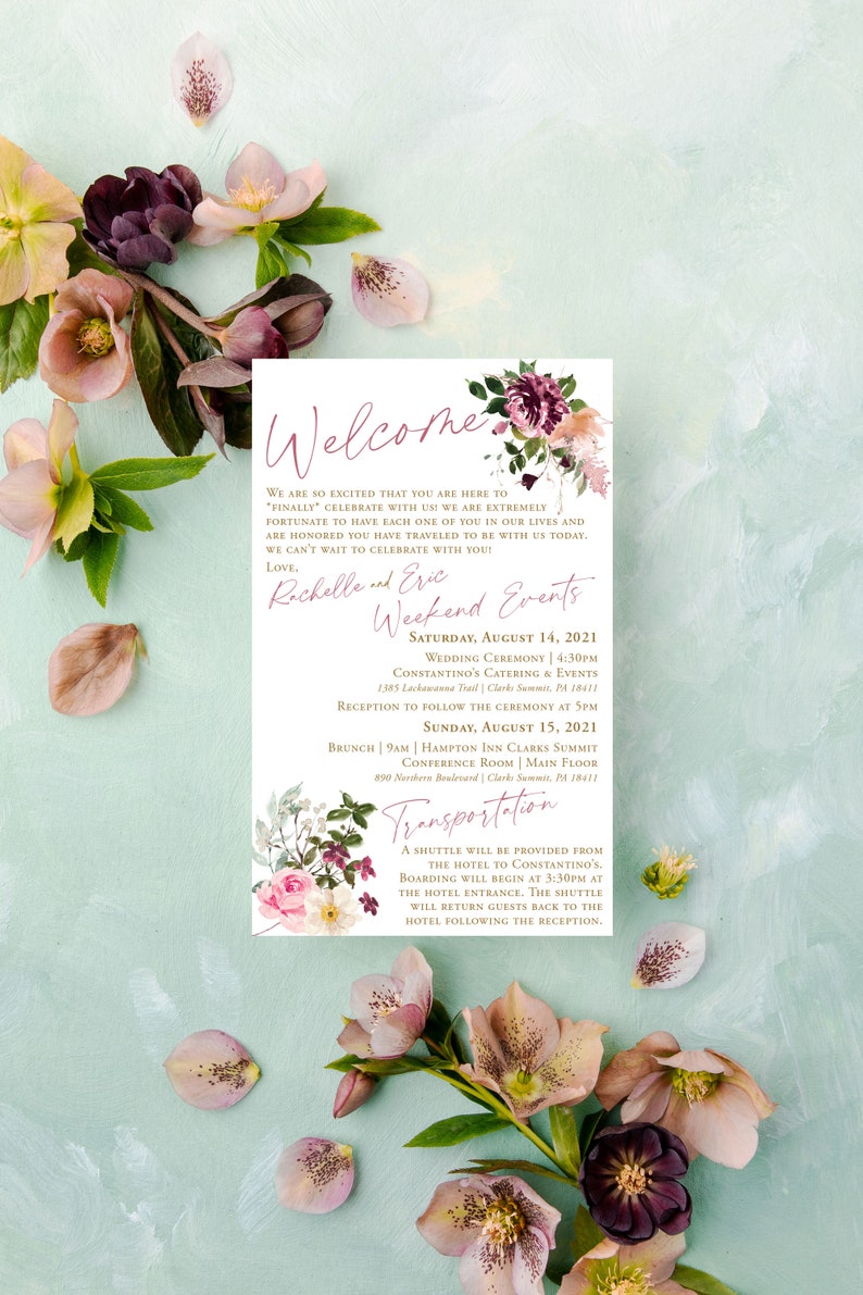 Floral Wedding Welcome Card, Hotel Welcome Bag Card, Dusty Rose Hotel ...