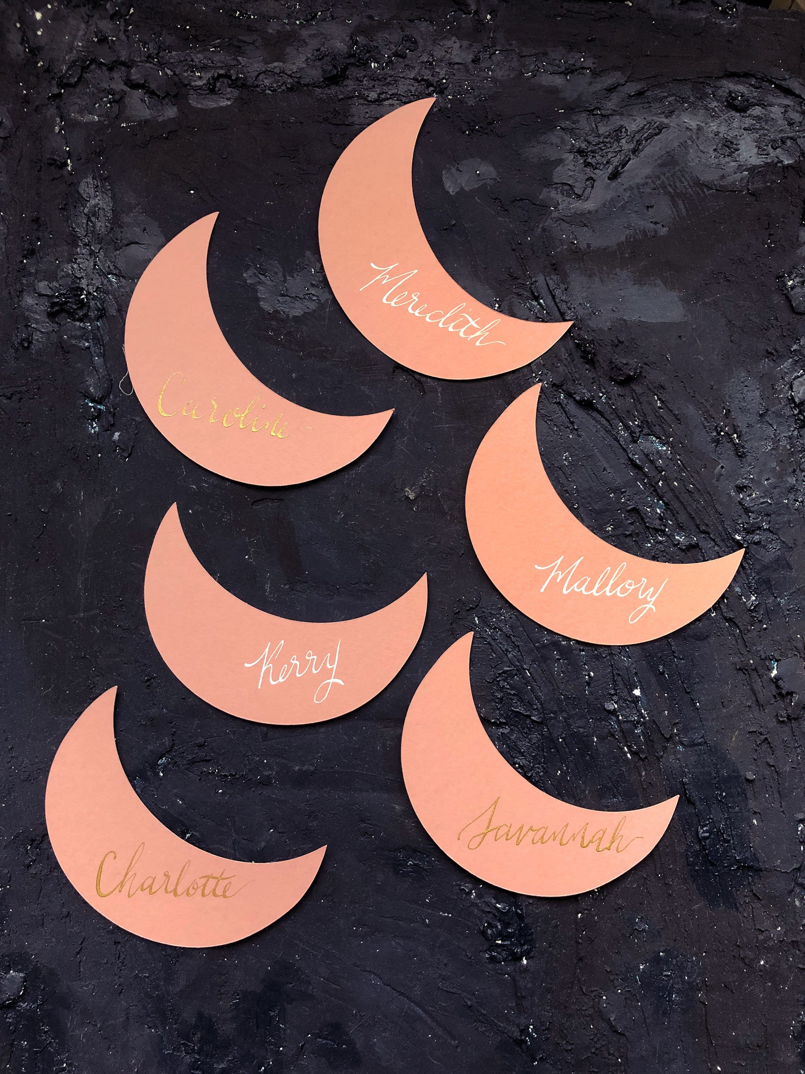 Celestial Calligraphy Place Cards, Moon Seating Card, Crescent Moon ...