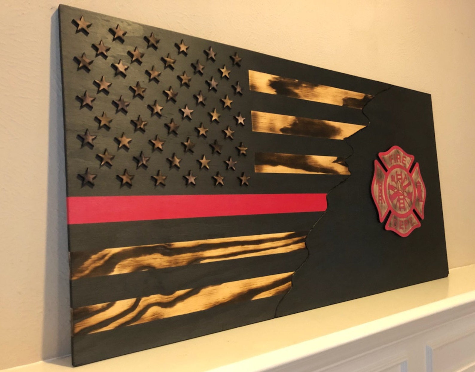 Thin Red Line Flag With Fire Department Logo Custom Wood - Etsy