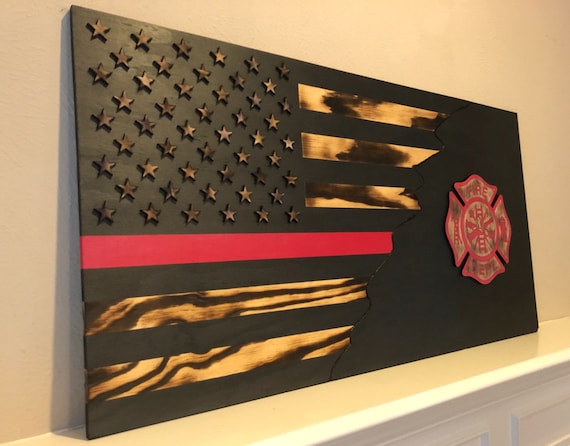 Thin Red Line Flag With Fire Department Logo Custom Wood | Etsy