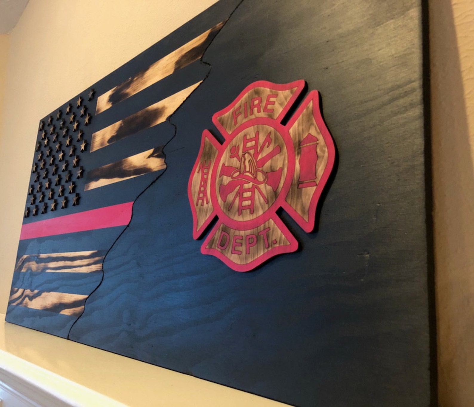 Thin Red Line Flag With Fire Department Logo Custom Wood - Etsy