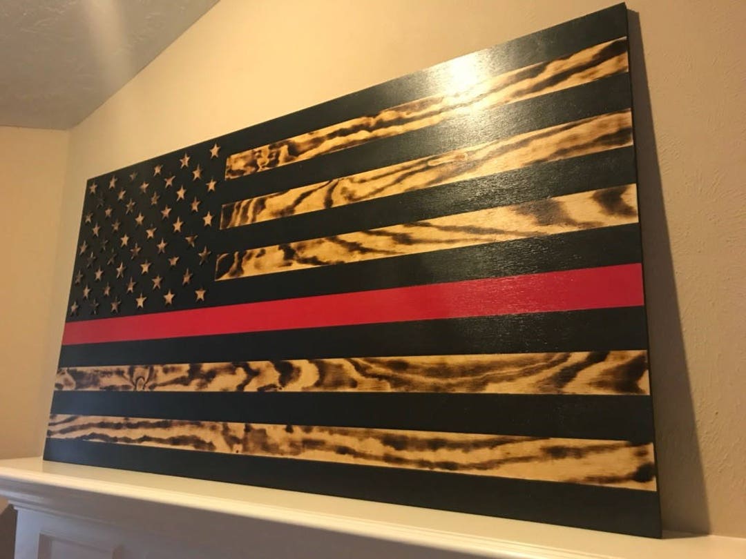 Thin Red Line American Wood Flag, Firefighter Flag, Fire Department ...