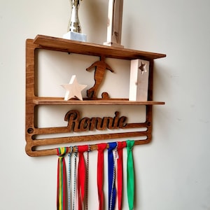 Double Shelf Medal Display Hanger With Custom Name and Sports Figure ...