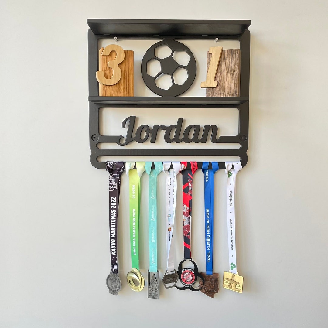 Custom Trophy Shelf and Rack Double Medal Display Hanger, Custom Name ...