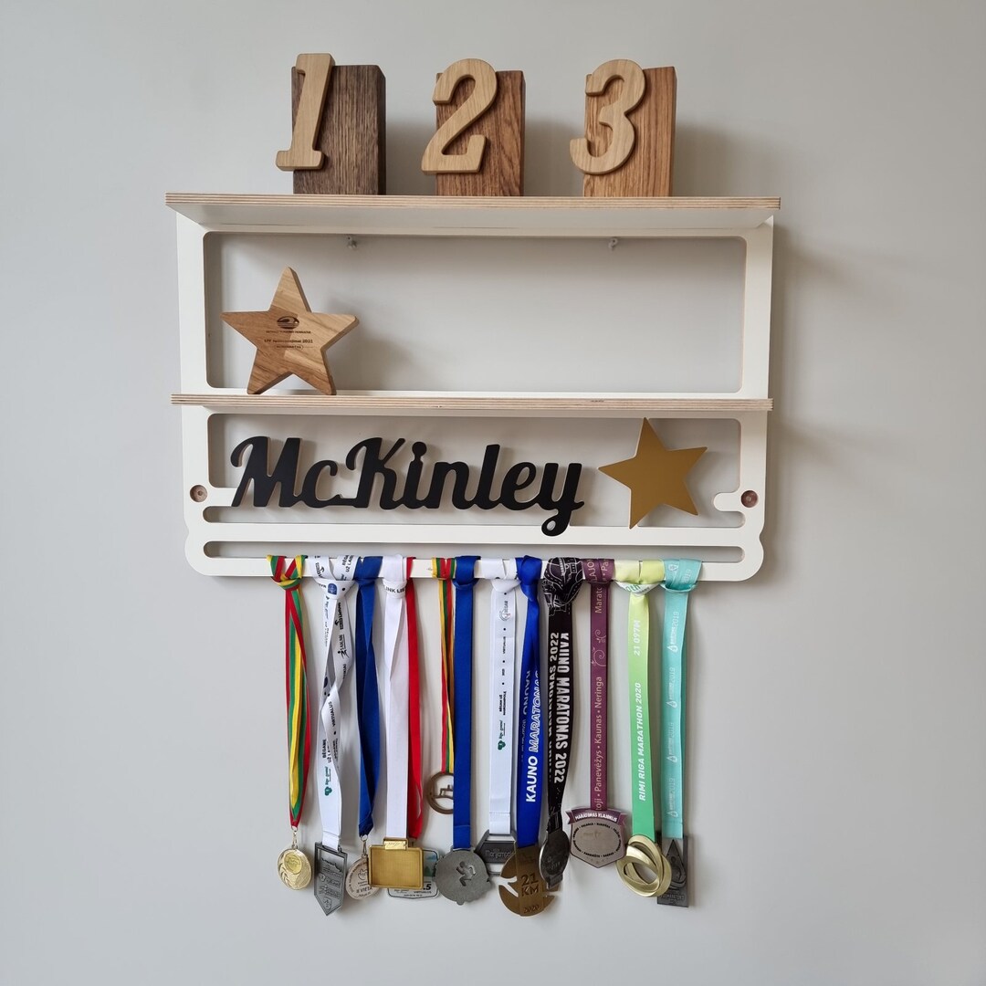 Double Shelf Medal Display Hanger With Colorful Custom Name and Sports ...