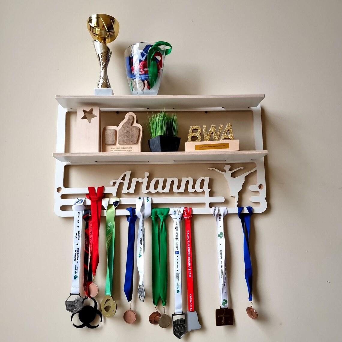 Double Shelf Medal Display Hanger With Custom Name and Sports | Etsy