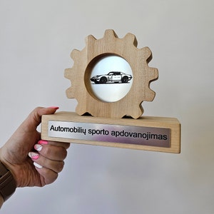 Custom Moto Sport Award, Engraved Wooden Cogwheel Trophy, Custom ...