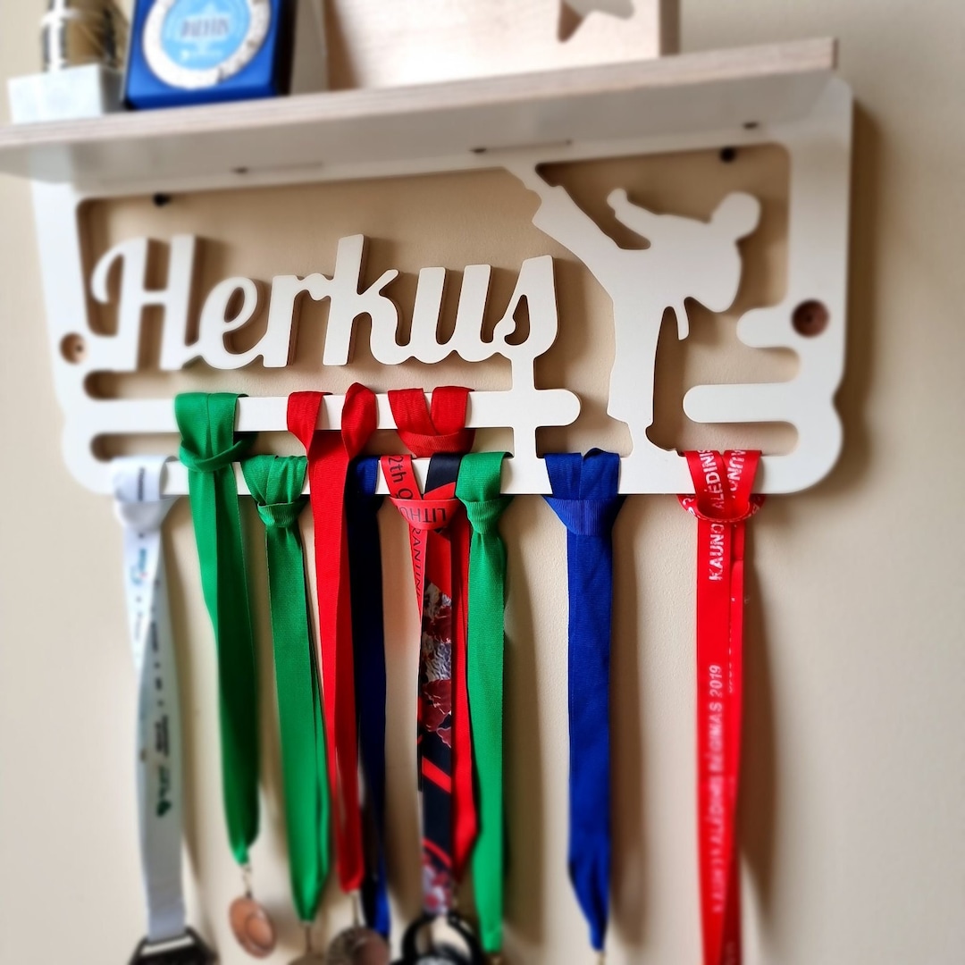 Medal Display Hanger With Shelf Custom Name and Sports Figure, Medal ...