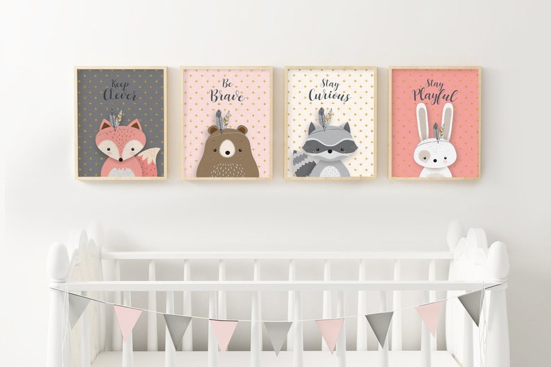 Pink baby fox print for nursery fox nursery decor pink | Etsy