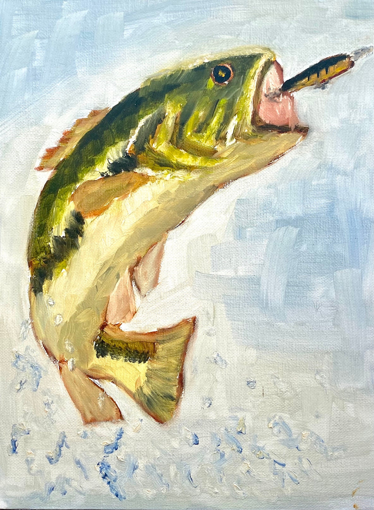Bass Chasing Lure Original Oil Painting, Fishing Pictures, Seaside Art ...