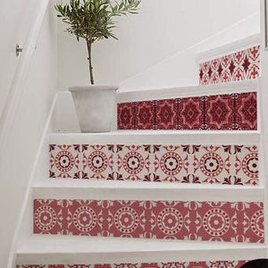 10 Step Stair Riser Decal, Red and White Decorative Tiles Stair Sticker ...