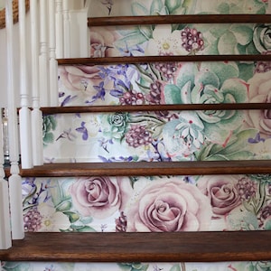 10 Step Stair Riser Decal, Delicate Pink and Green Flowers Stair ...
