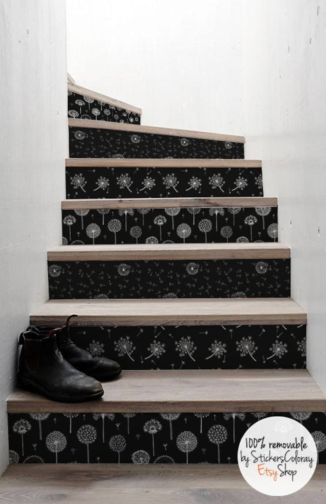 10 Step Stair Riser Decal, B&W Dandelion Stair Sticker, Illustration ...