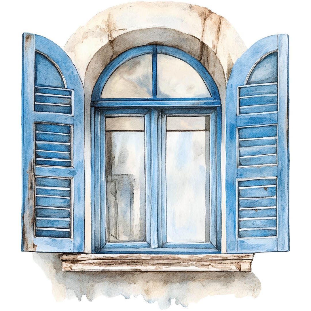 Fake Window Sticker - Wooden Shutters, Blue Wall Decals, Architecture ...