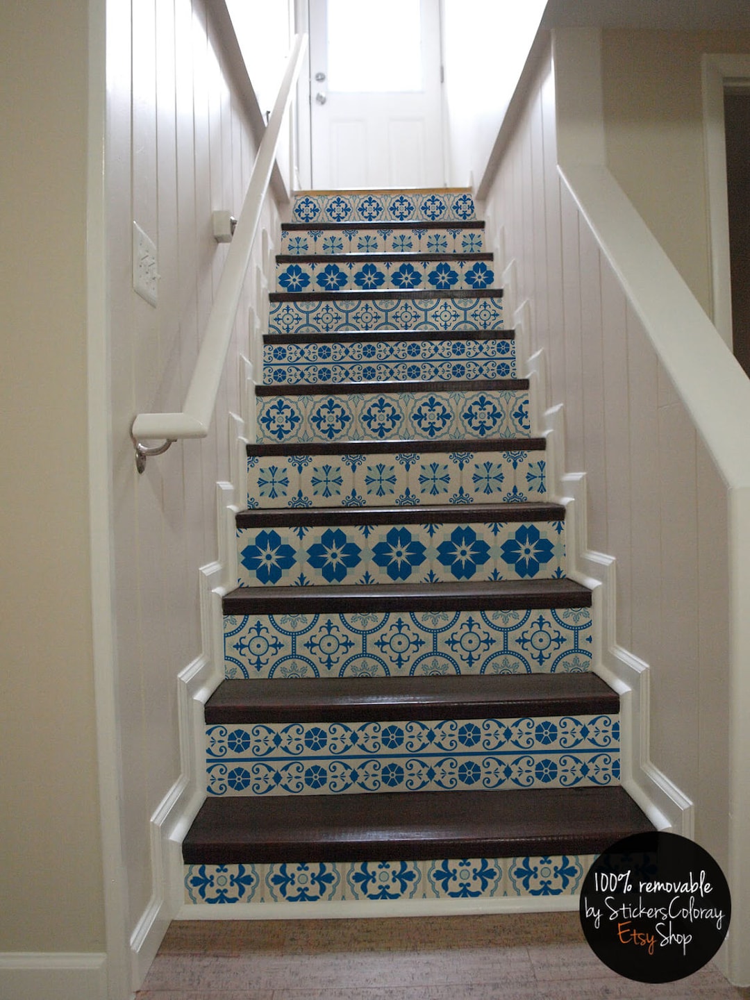10 Step Stair Riser Decal, White and Blue Decorative Tiles Stair ...