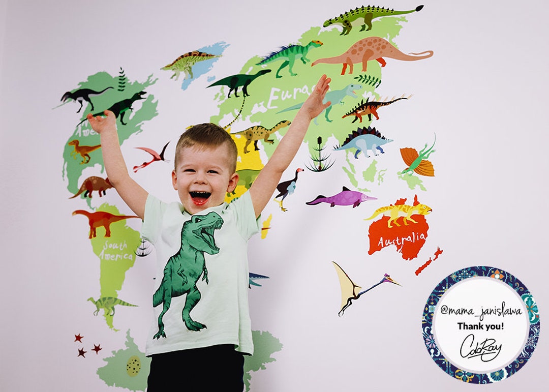 Dinosaurs World Map for Children Wall Decal, Dinosaur Wall Sticker ...