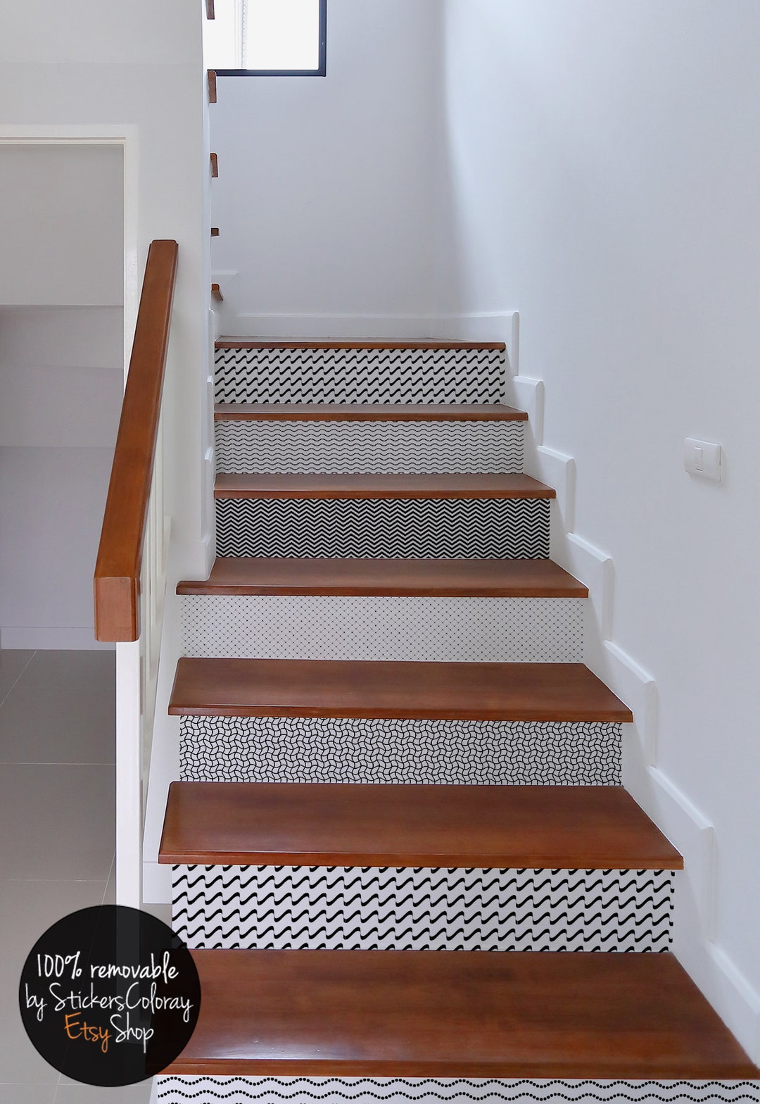 10 Step Stair Riser Decal, Black and White Geometric Patterns Stair ...