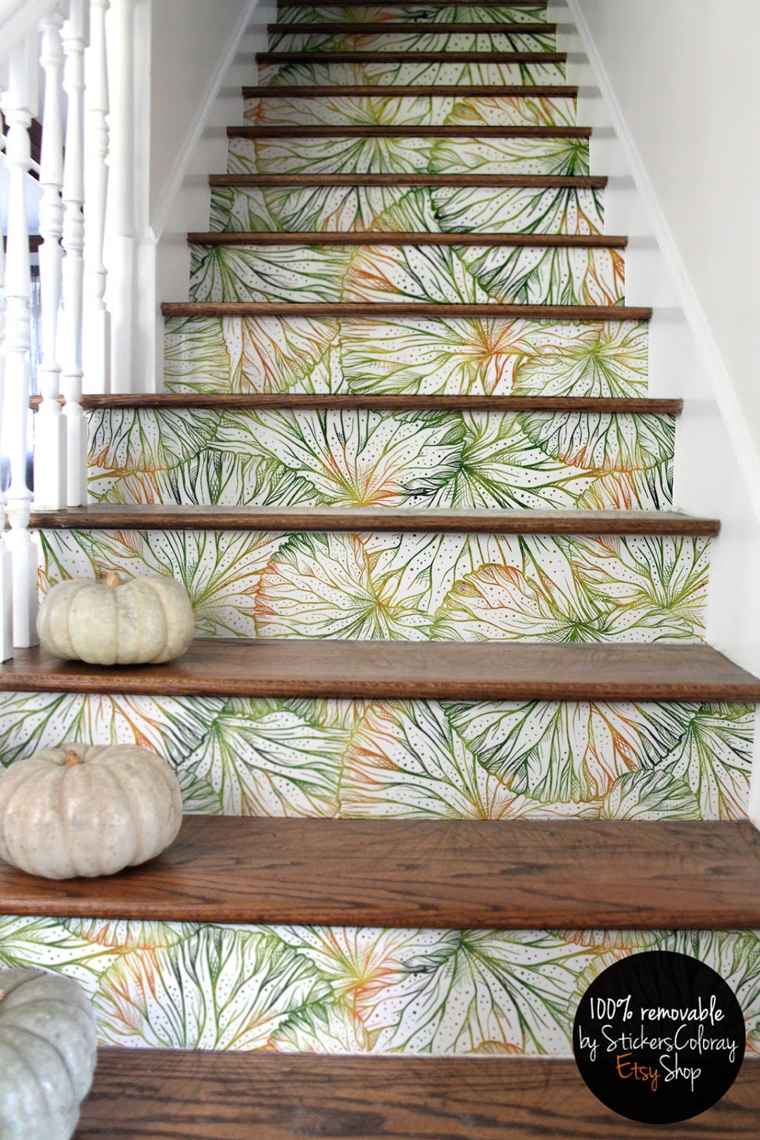 10 Step Stair Riser Decal, Sketched Green and Orange Leaves Stair ...