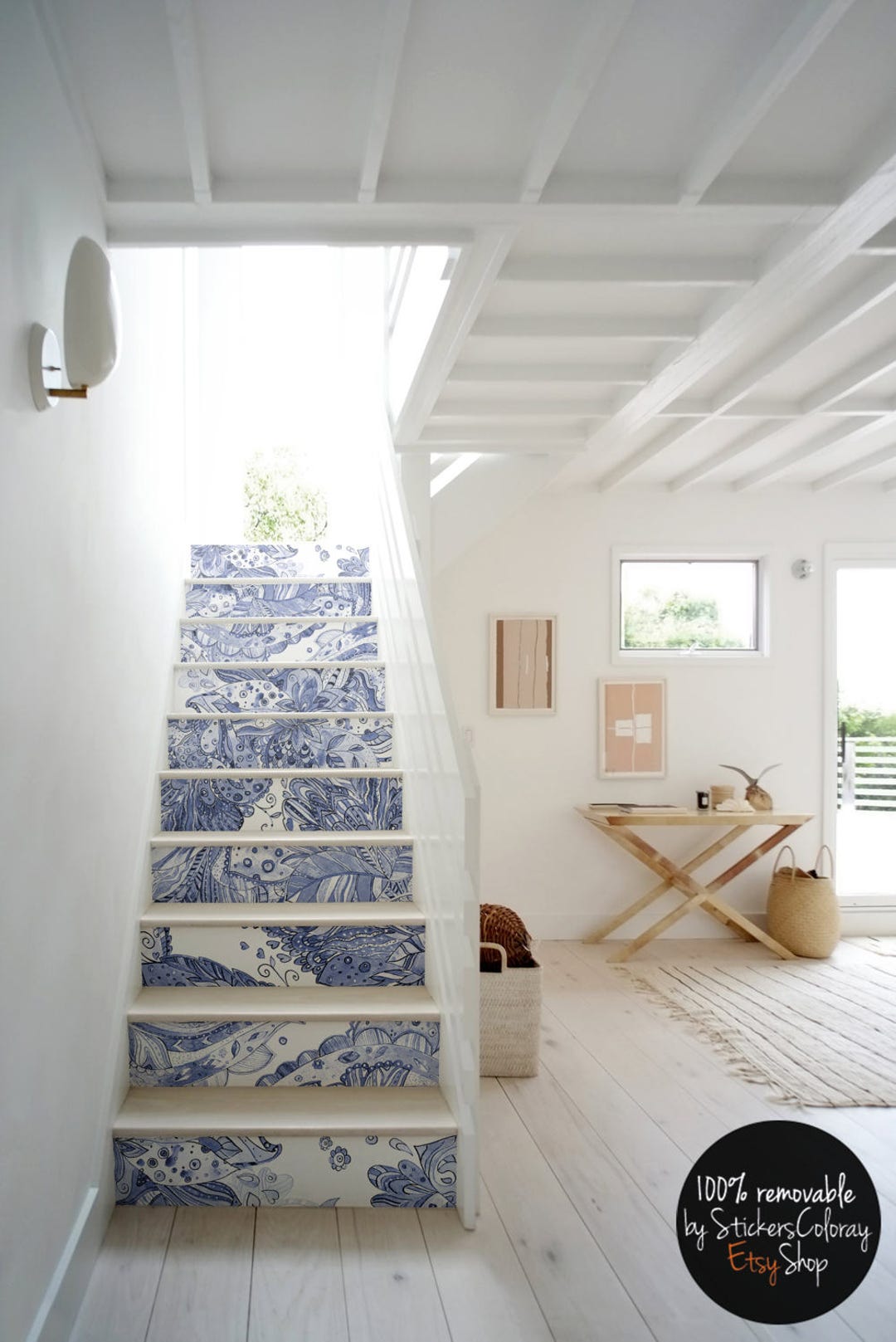 10 Step Stair Riser Decal, Blue and White Flowery Pattern Stair Sticker ...