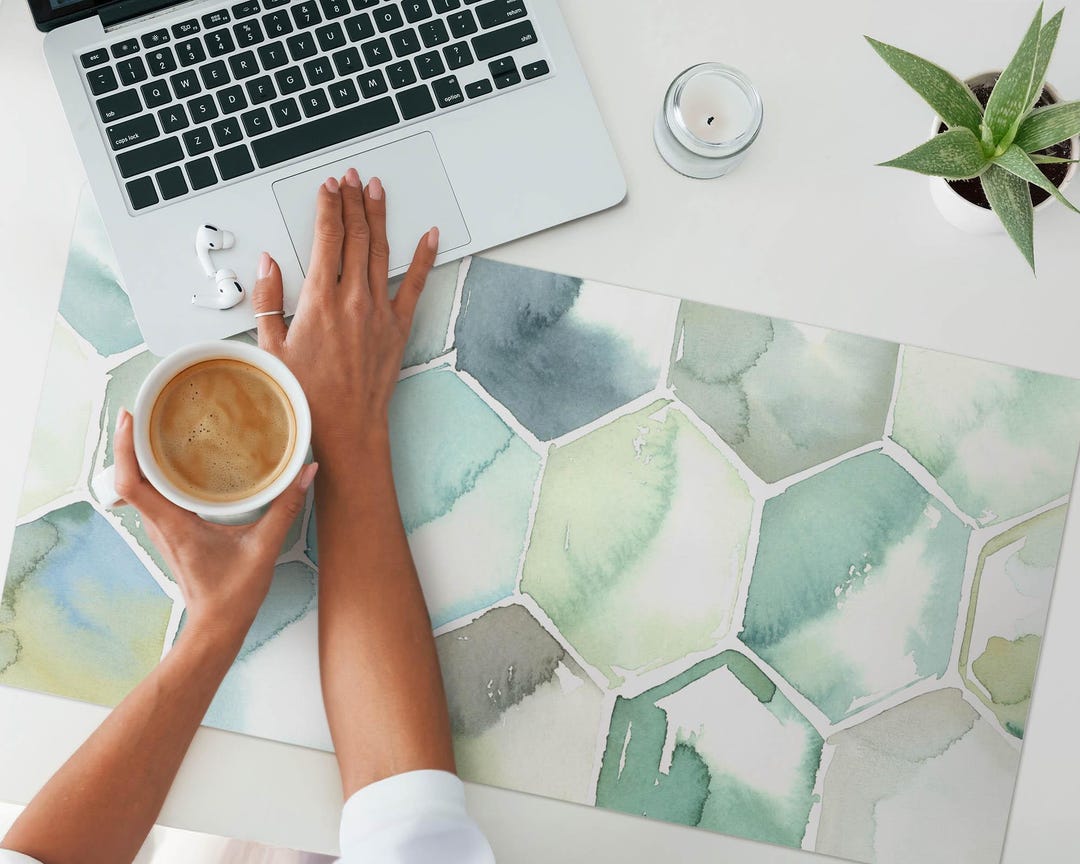Watercolor Mosaic Desk Cover, Green Desk Mat, Table Protector Pad ...