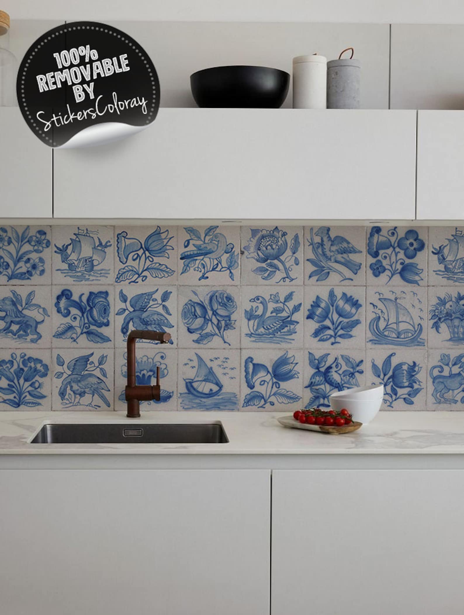 Traditional Blue Tile Decals, PACK OF 24, Birds on Ceramic Tile Decal ...