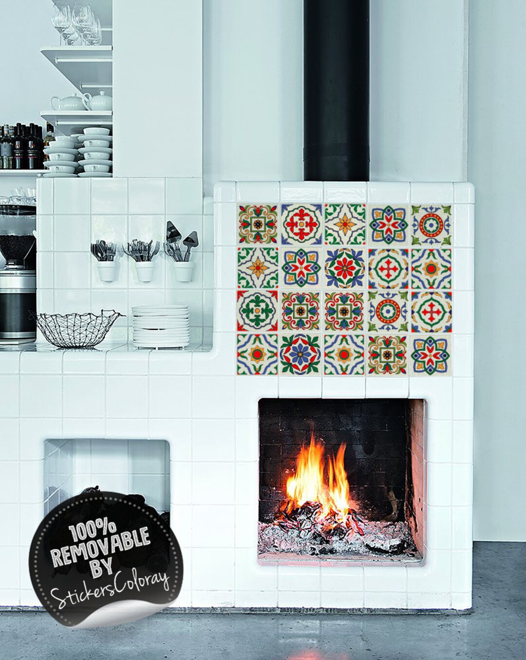 Colorful Ethnic Tile Stickers, PACK OF 24, Removable, Oriental, Floral ...