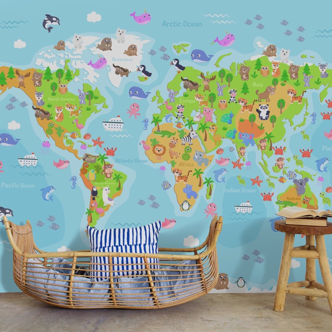 World Map for Children Wall Decal, Maps Reusable Wall Sticker ...