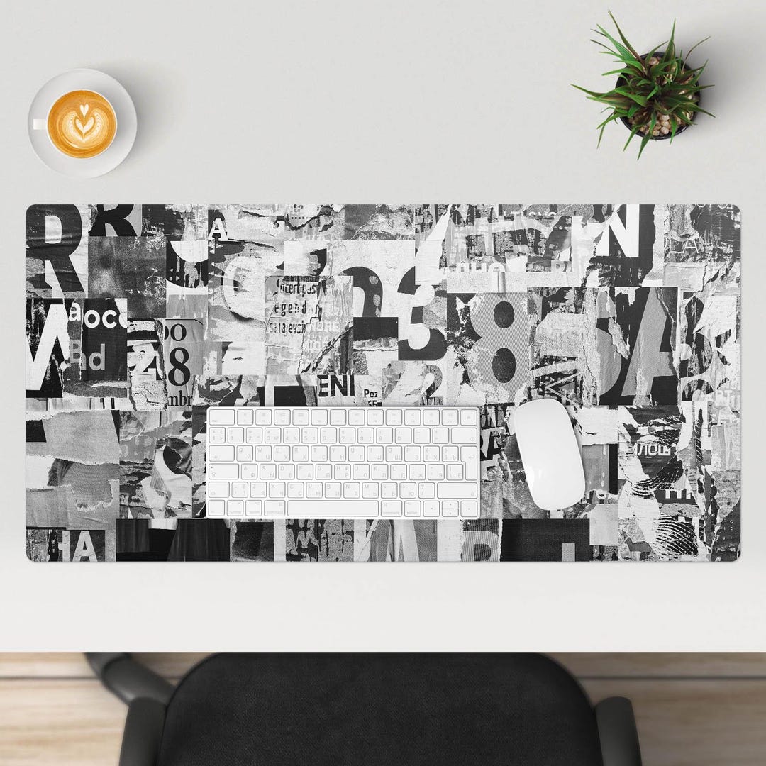 Collage of Letters and Numbers Desk Pad, Black and White Desk Cover ...