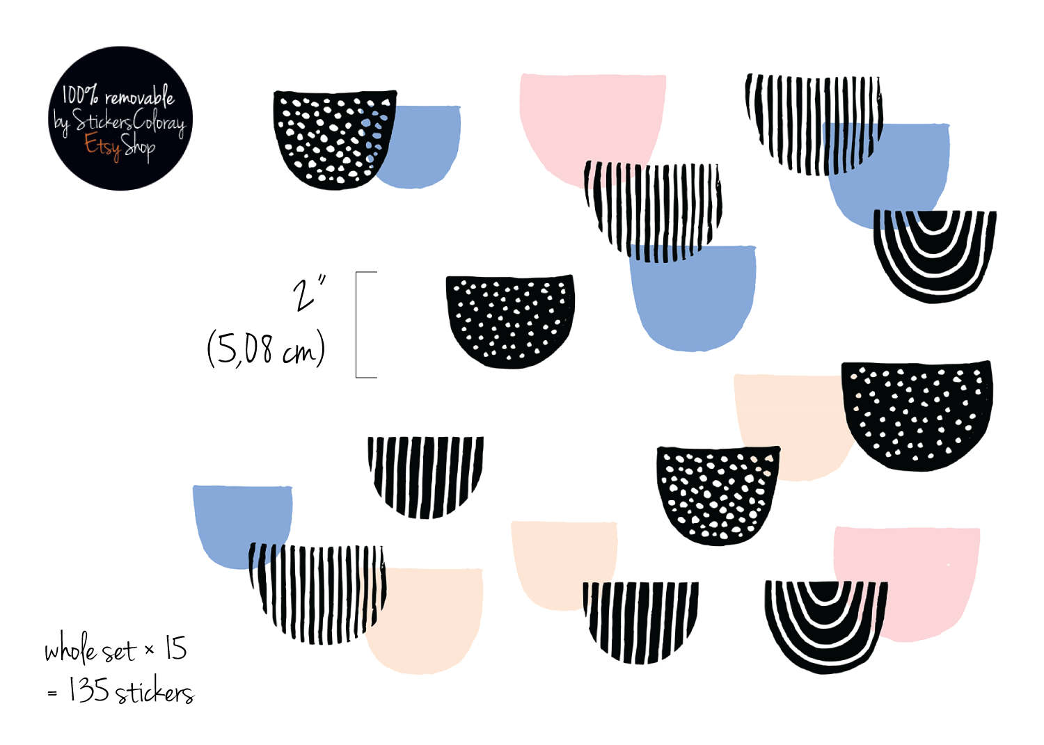 Geometric Pattern Wall Decal, Hand Drawn Wall Sticker Set, Semicircle ...