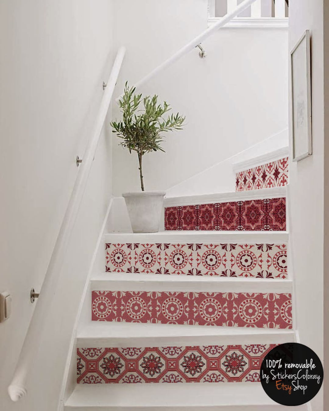 10 Step Stair Riser Decal, Red and White Decorative Tiles Stair Sticker ...
