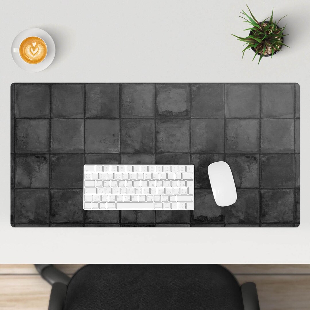 Dark Retro Tiles Desk Cover, Gray Desk Mat, Table Protector Pad ...