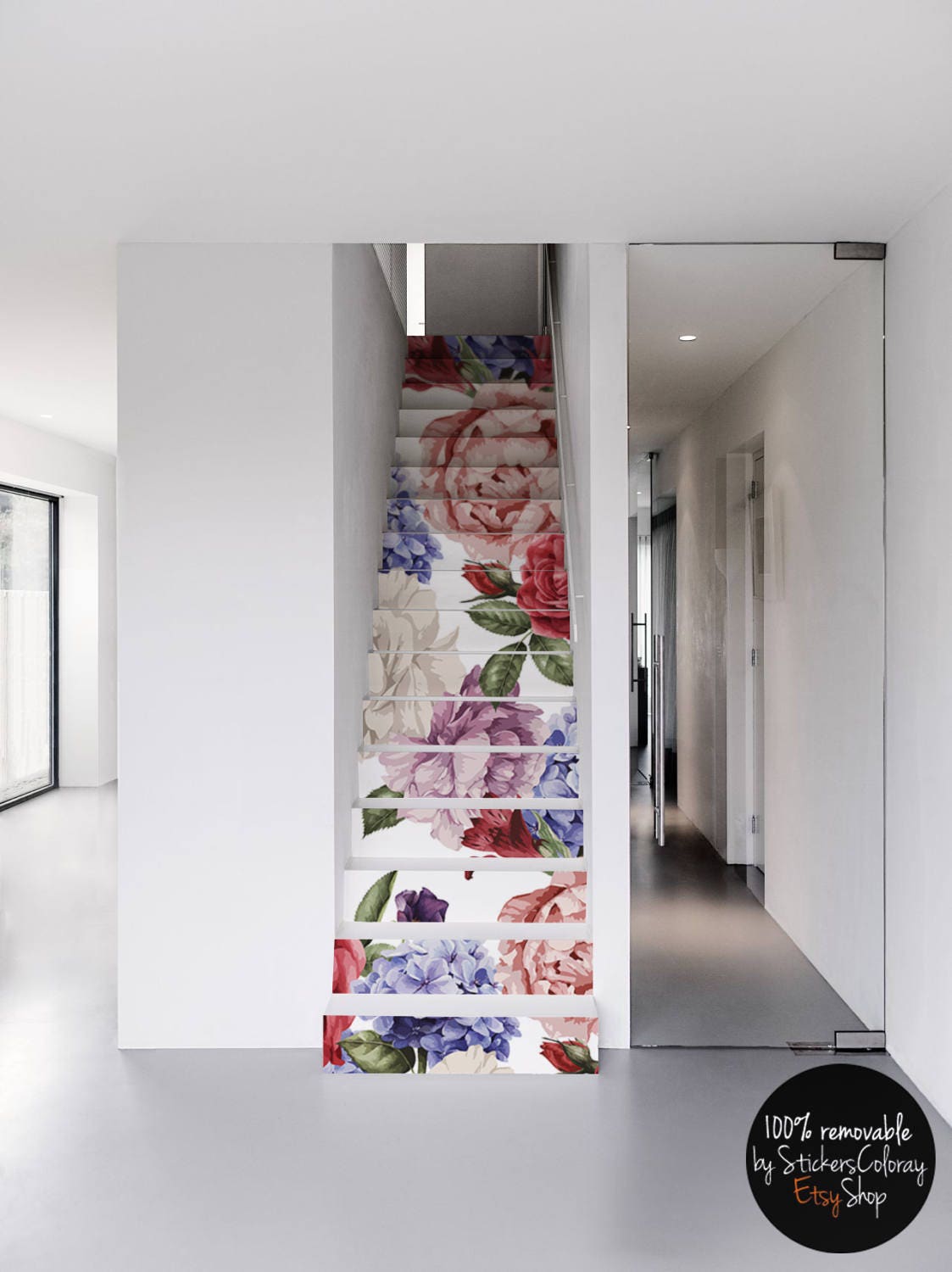 10 step stair riser decal romantic red blue white roses stair | Etsy