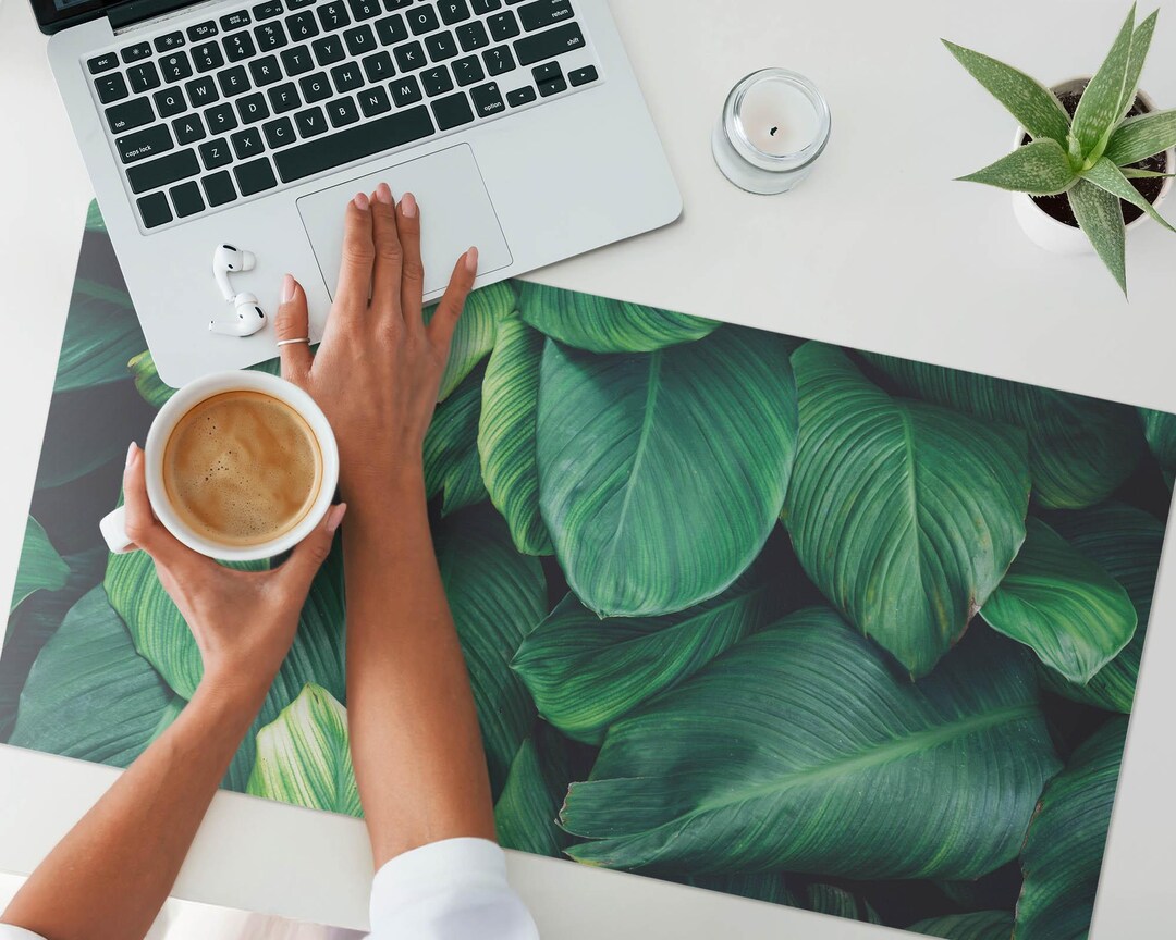 Tropical Leaves Desk Mat, Green Desk Pad, PVC Table Protector, Flowers ...