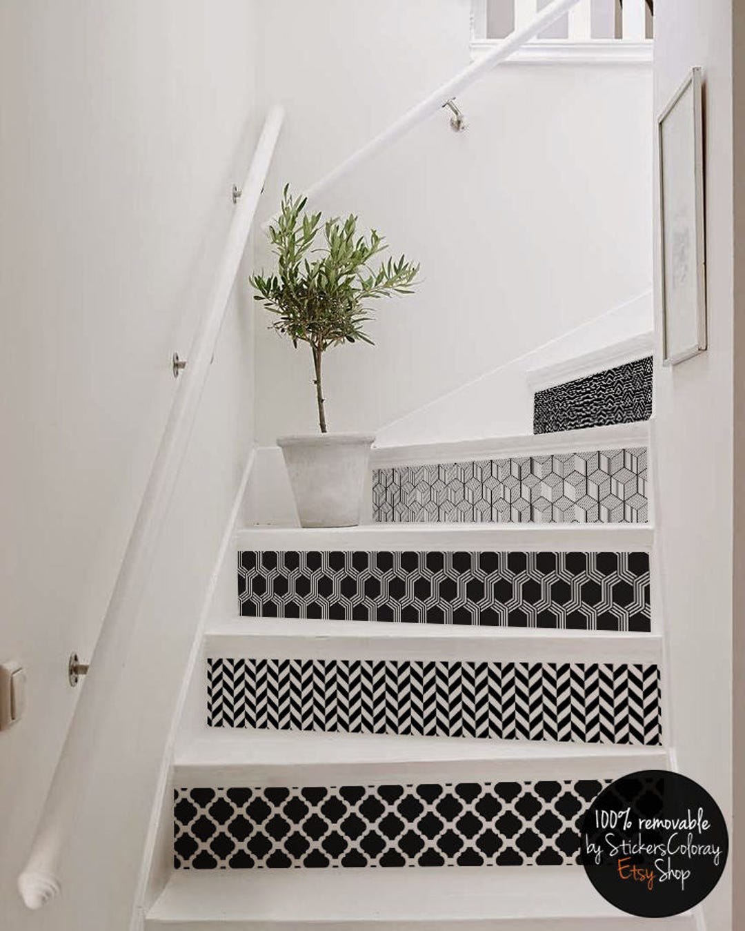10 Step Stair Riser Decal, Geometric B&W Patterns Stair Sticker, Op Art ...