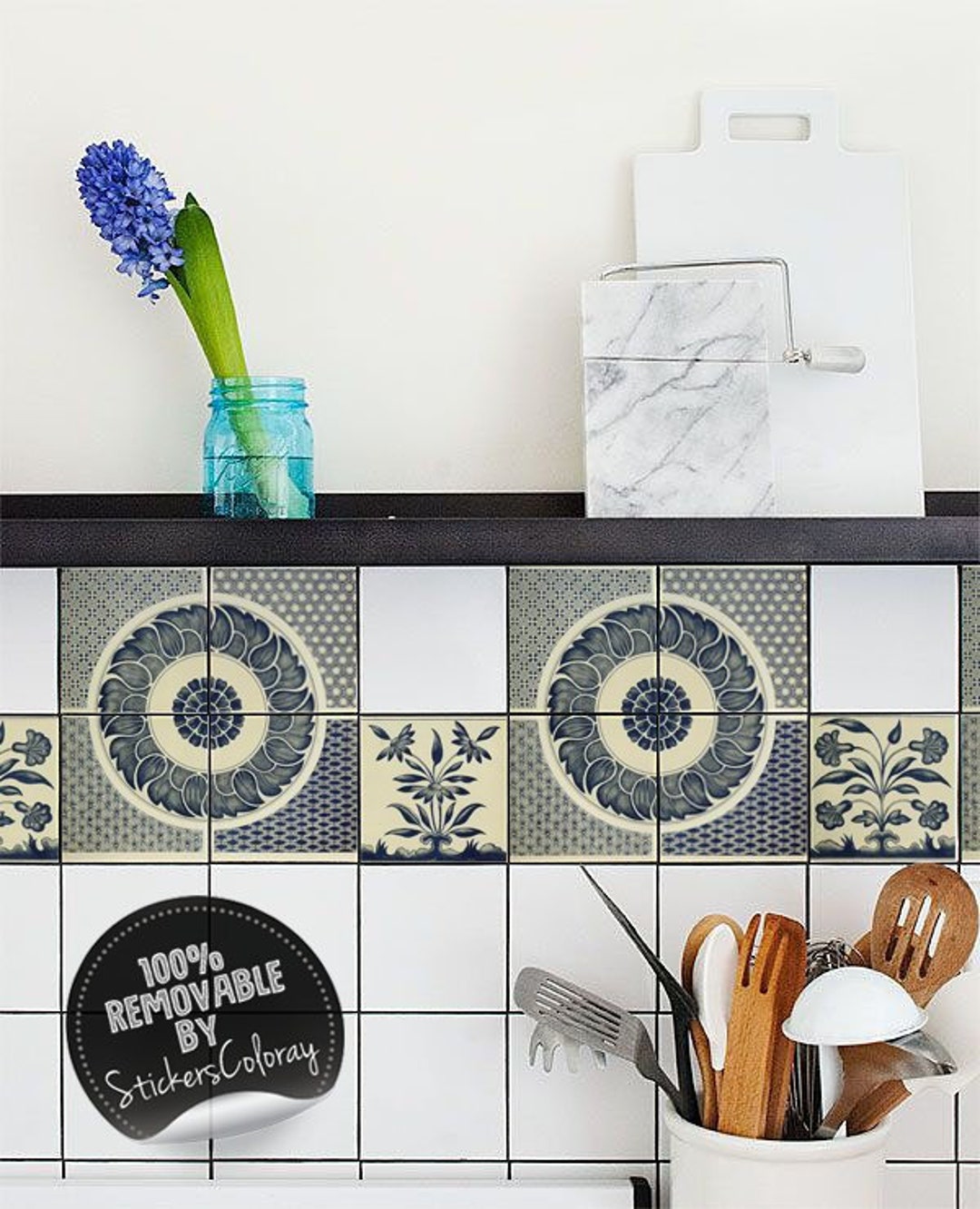 Navy Floral Tile Stickers, PACK OF 24, Traditional Tile Decals ...