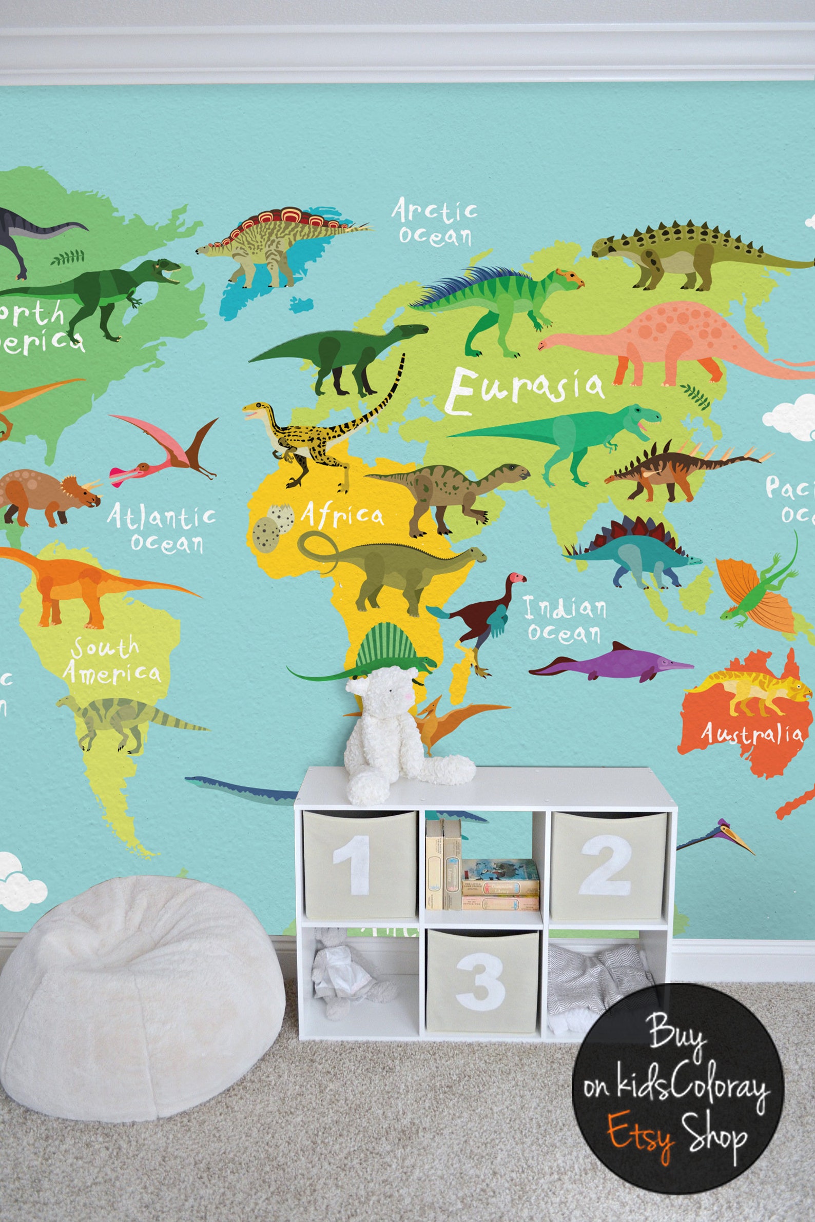 Dinosaurs World Map for Children Wall Decal, Dinosaur Wall Sticker ...