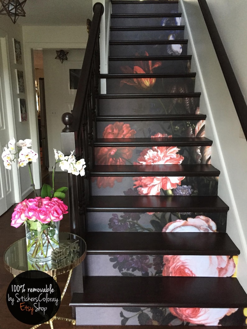 10 Step Stair Riser Decal, Vintage Painted Flowers Stair Sticker ...