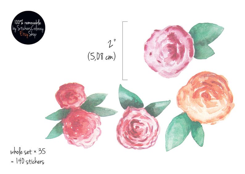 Painted Roses Decal Set, Romantic Wall Sticker Compilation, Watercolor ...