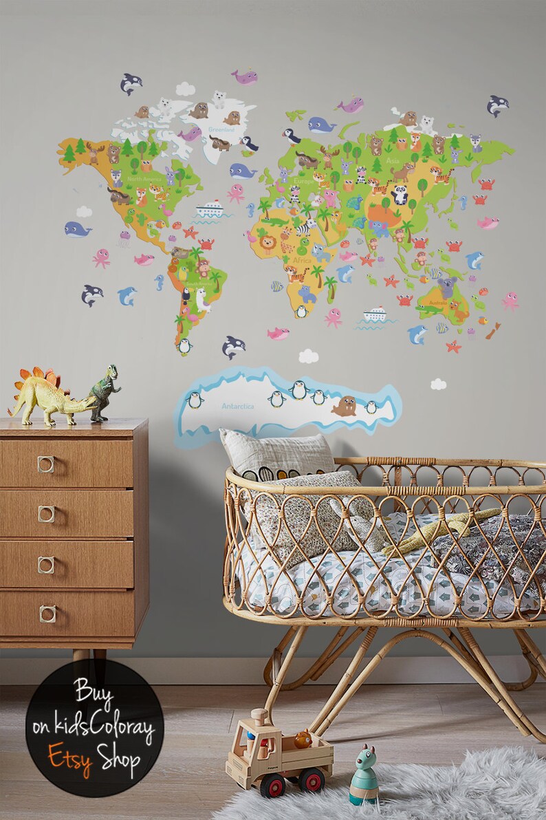 World Map for Children Wall Decal, Maps Reusable Wall Sticker ...