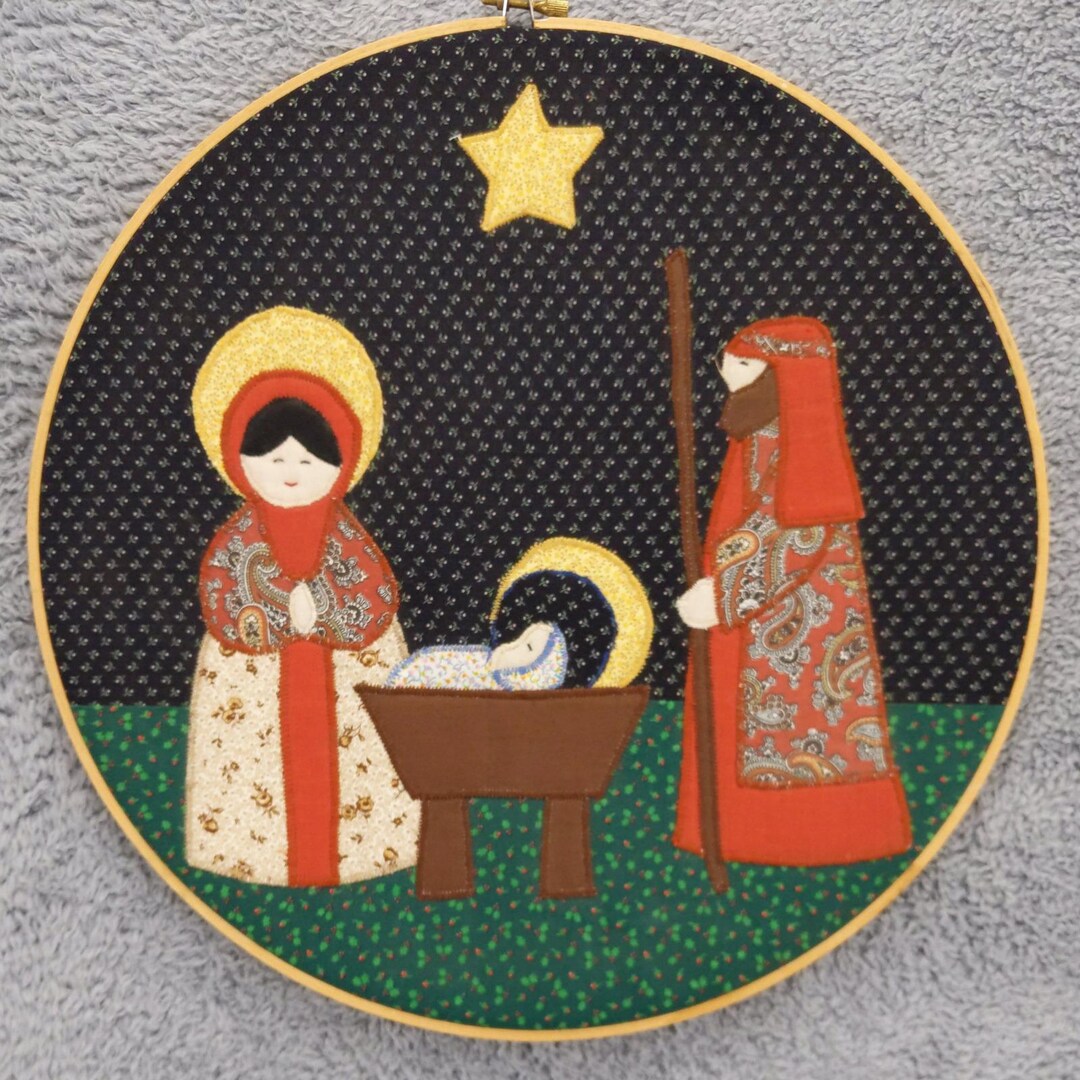Vtg Nativity Scene Wall Hanging Folk Art Fabric Applique Quilt Wooden ...