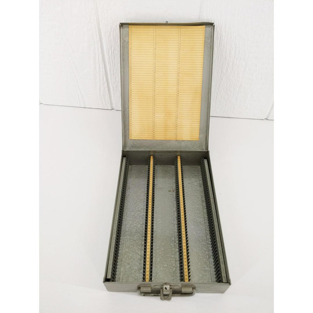 Vtg 35mm Slide Storage Metal Box Case Holds 150 Latch Closure Hammered ...