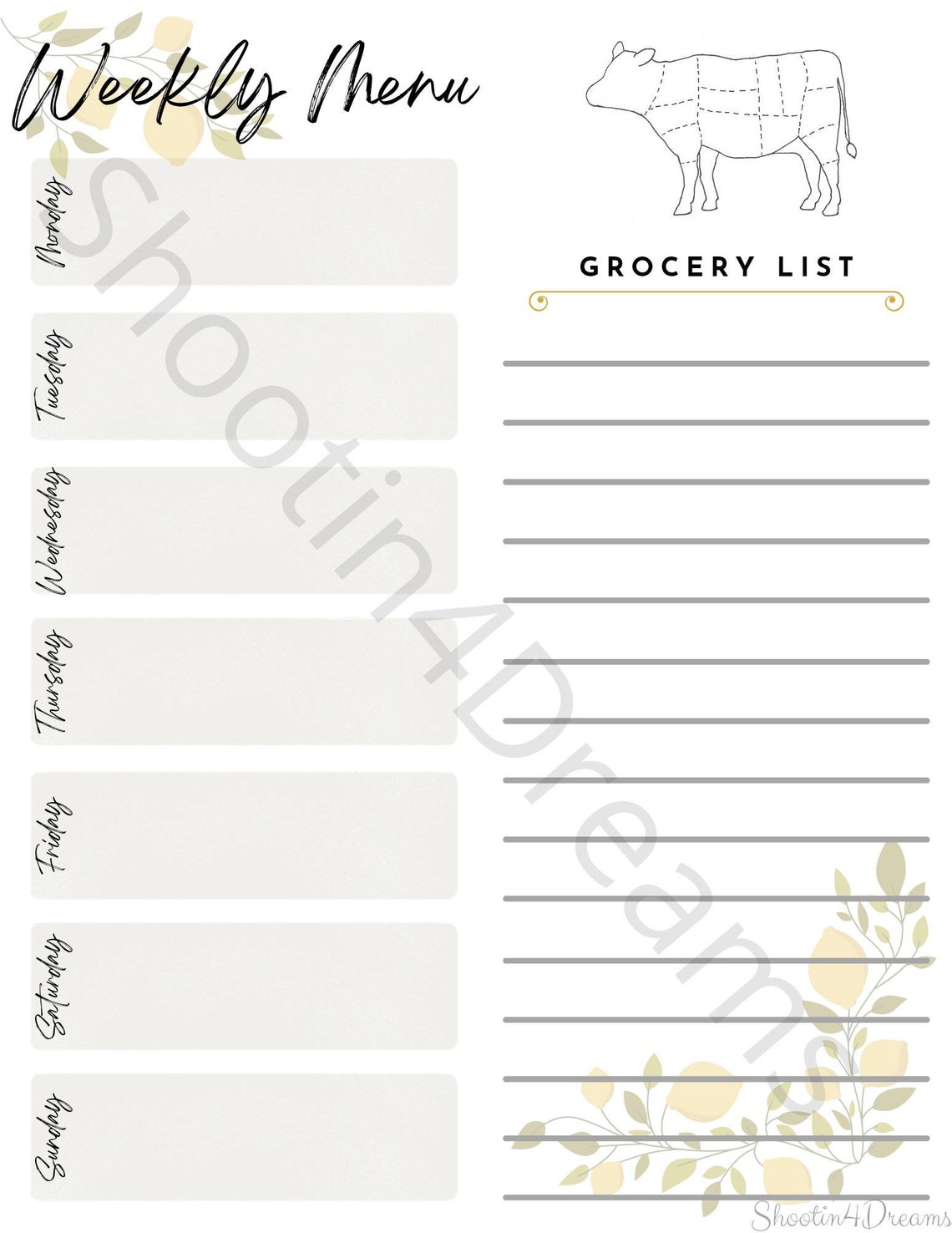 Lemon Menu Printable - Etsy