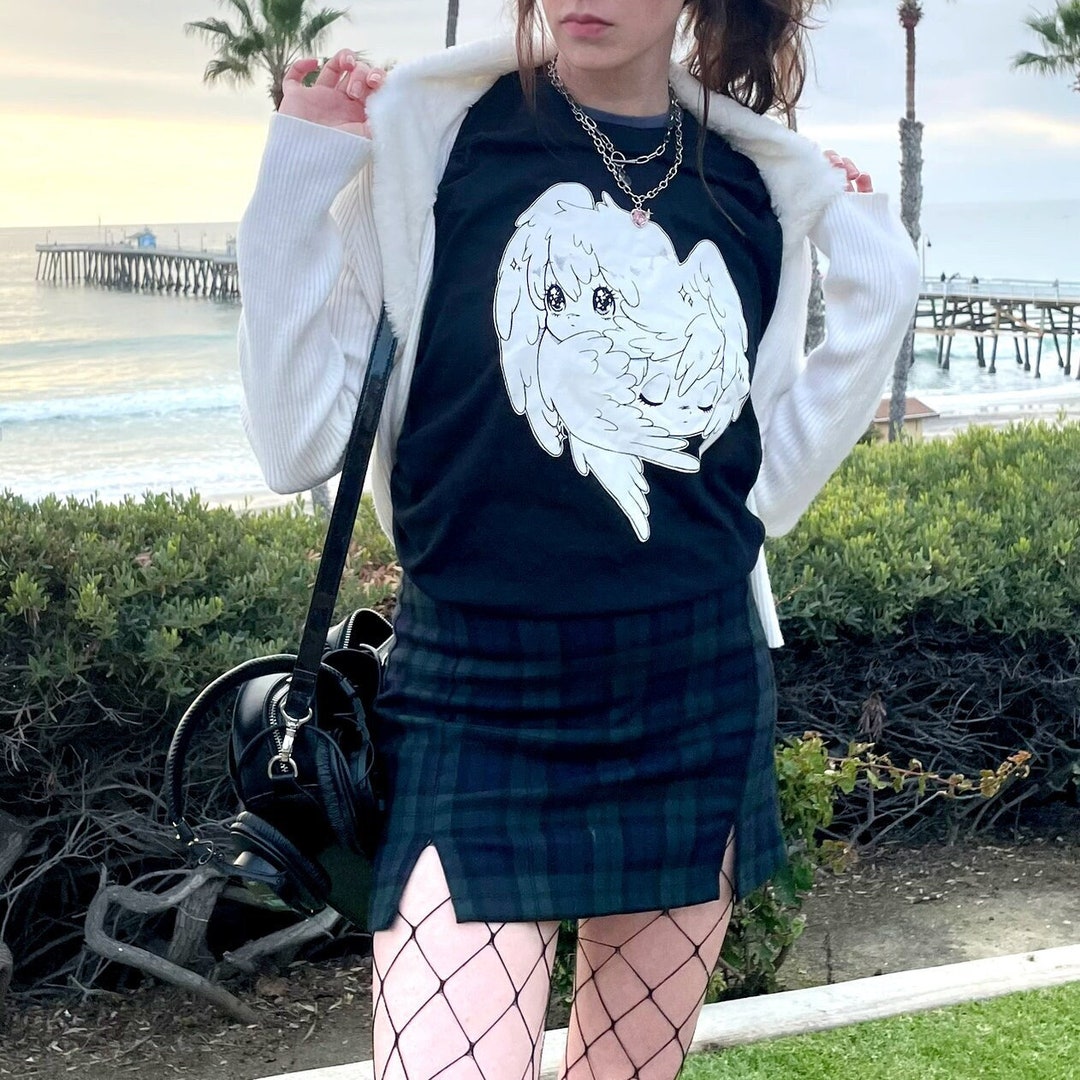 Cherubim Angel | Retro Black and White Anime Art on Unisex Black T ...