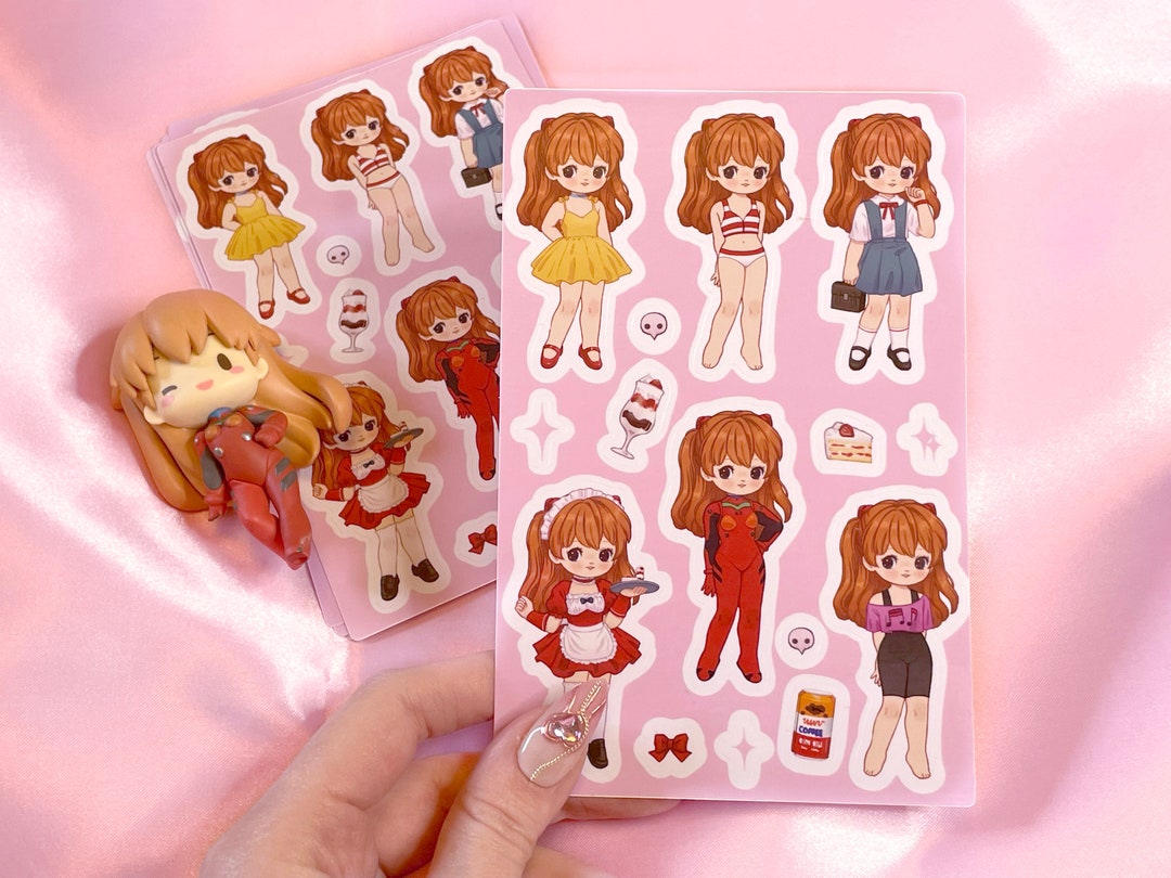 NGE Asuka Sticker Sheet | Anime Retro Kitsch Paper Doll Fanart as Vinyl ...
