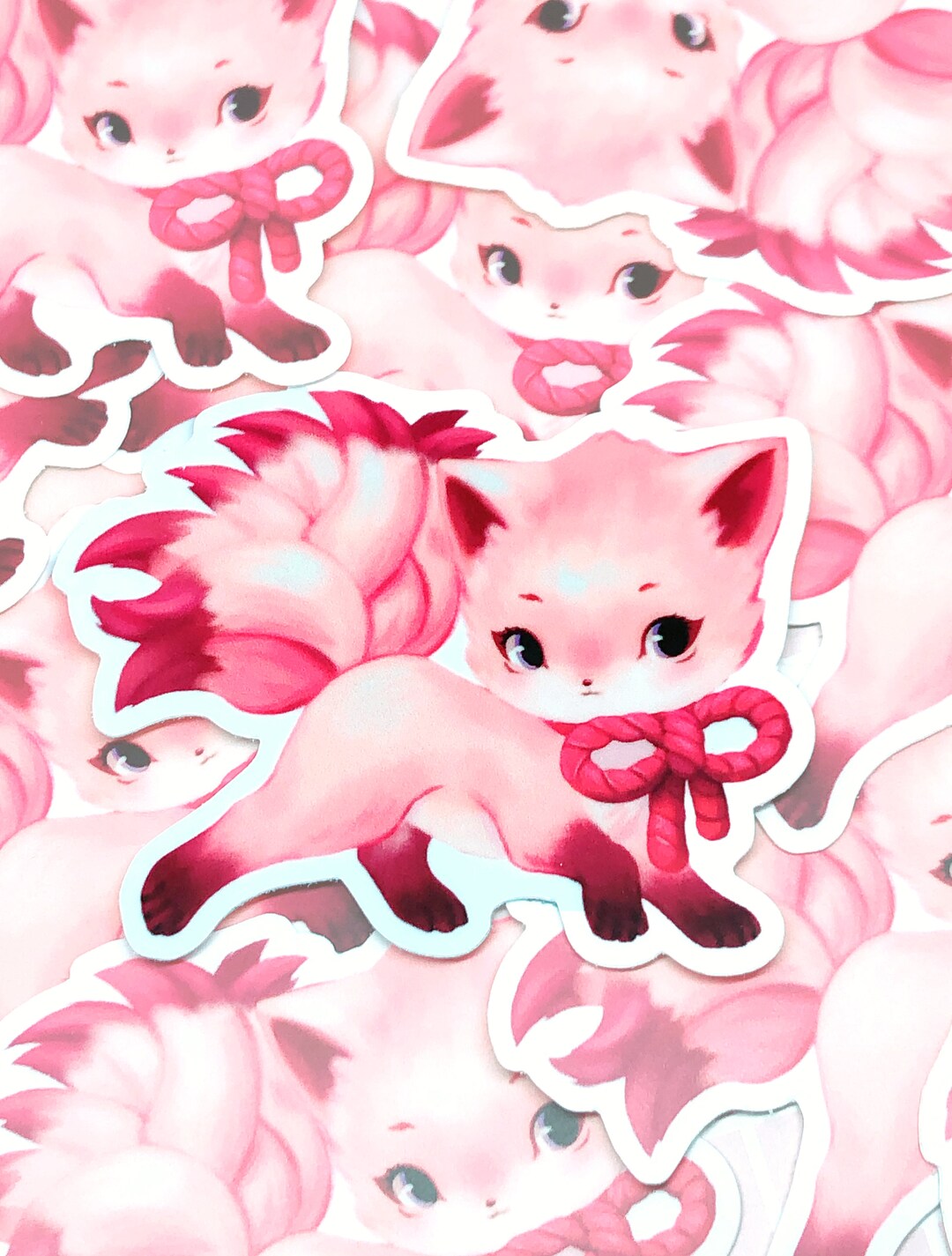 Pink Kitsune Sticker Kitsch Cute Nine-tailed Fox Yokai Mythology Art on ...