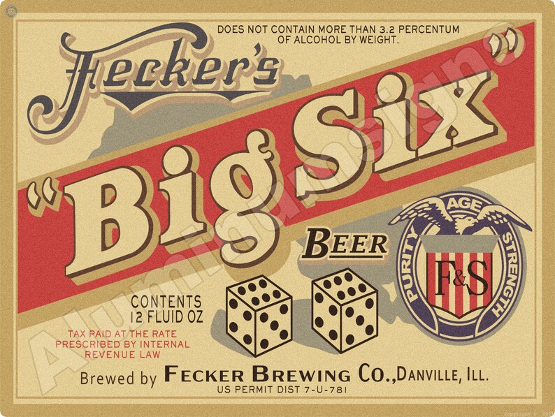 Fecker's Big Six Beer Label 9 X 12 Sign - Etsy